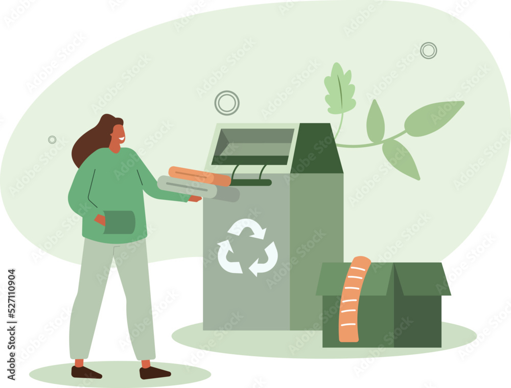 buying recycling textile and sorting old clothes in recycling can ...