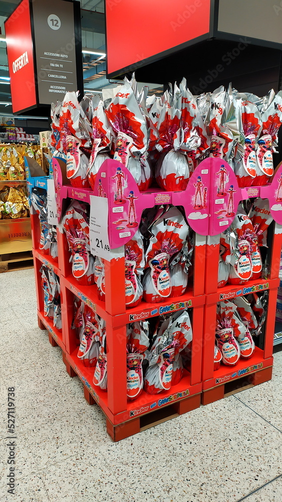 Rome, 18 March 2020: Kinder Ferrero chocolate egg displays for Easter ...