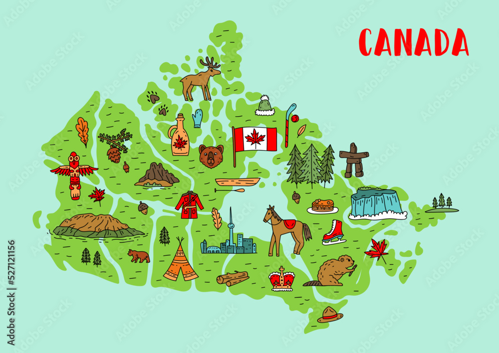 Illustrated map of Canada. Tourist and travel landmarks. Vector ...