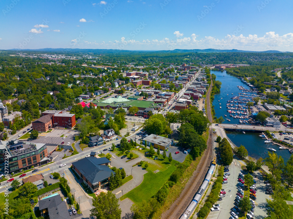 Magog city aerial view at the mouth of Magog River to Lake Memphremagog ...