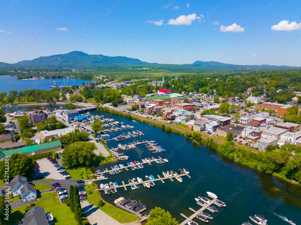 Magog city aerial view at the mouth of Magog River to Lake Memphremagog ...