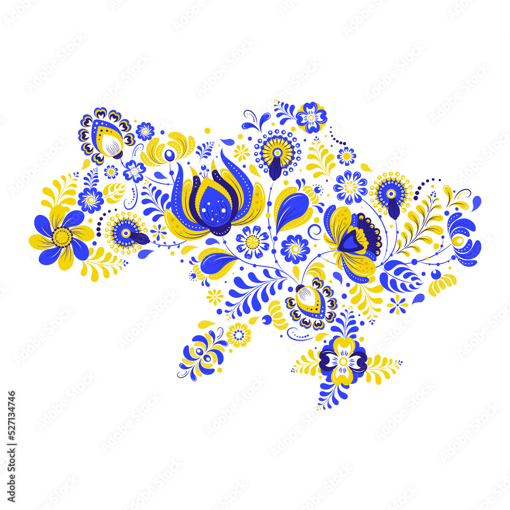 Map of Ukraine with floral elements in the national colors of the ...