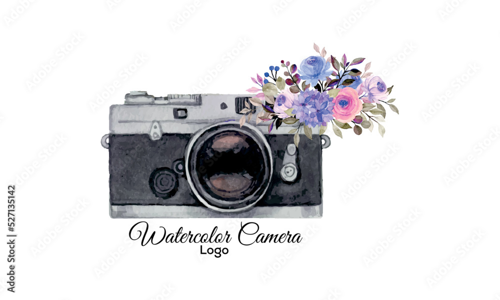 Beautiful flower and camera symbol logo vector. watercolor camera logo ...