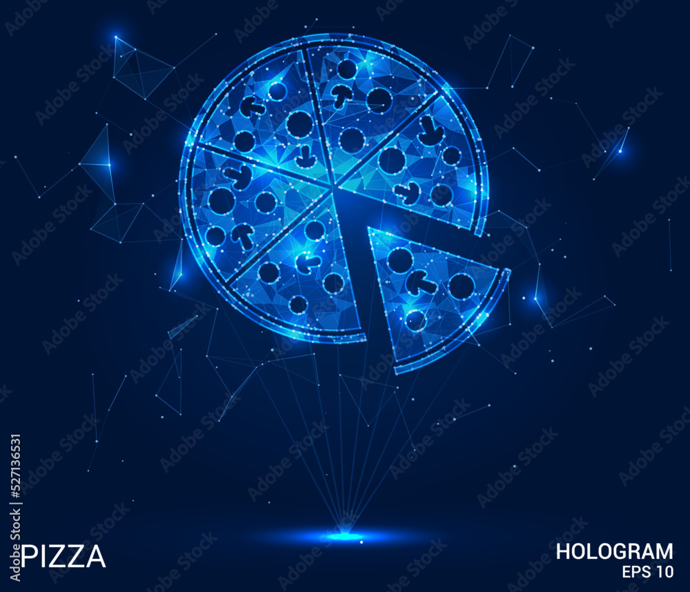 Hologram pizza. Pizza made of polygons, triangles of dots and lines ...