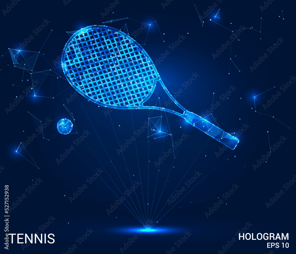 Hologram tennis. A tennis racket and a ball made of polygons, triangles ...