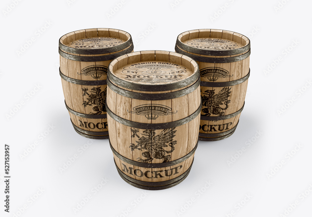 Set Wooden Barrels Mockup Stock Template | Adobe Stock
