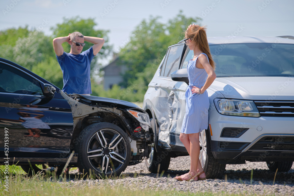 Drivers of smashed vehicles arguing who is guilty in car crash accident ...