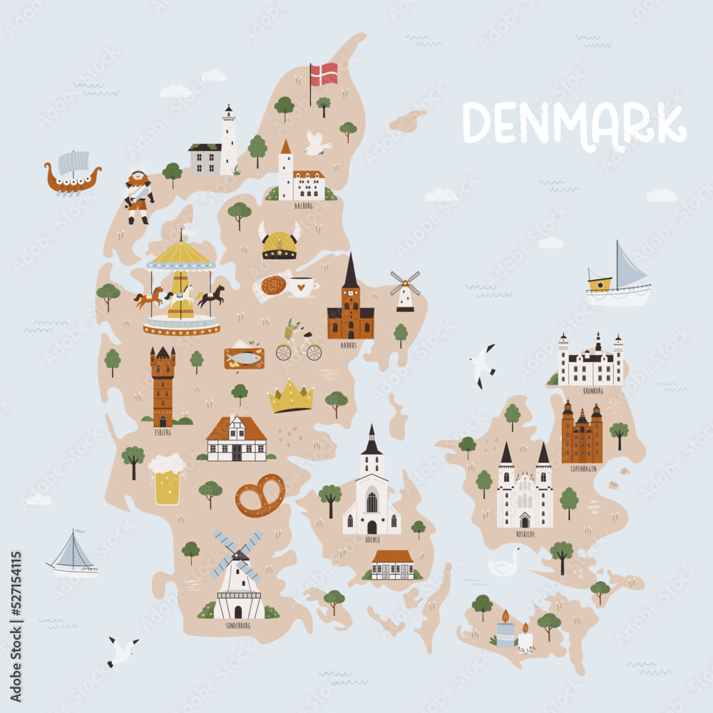 Vector illustration of map of Denmark with famous cities and ...