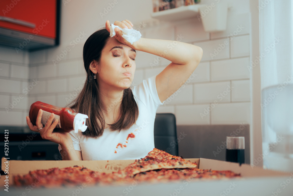 Unhappy Clumsy Woman Staining her Shirt with Ketchup. Tired woman ...