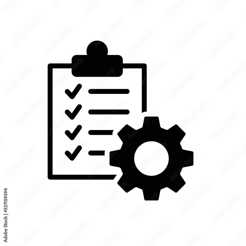 Clipboard with gear icon. Simple flat style. Project order, work ...