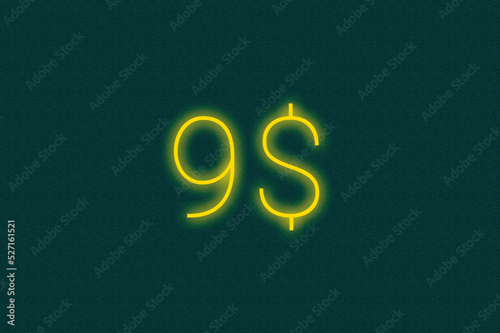 9$ dollar logo. nine dollar neon sign. Number nine on green background ...