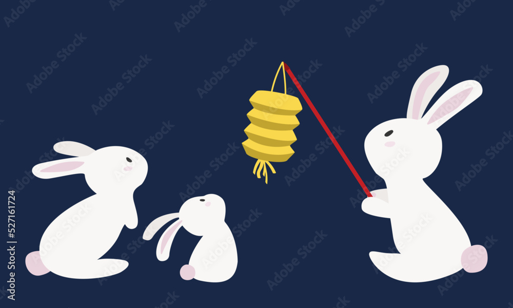 Cute rabbits family holding lantern vector design. Moon Festival or Mooncake Festival rabbits ...