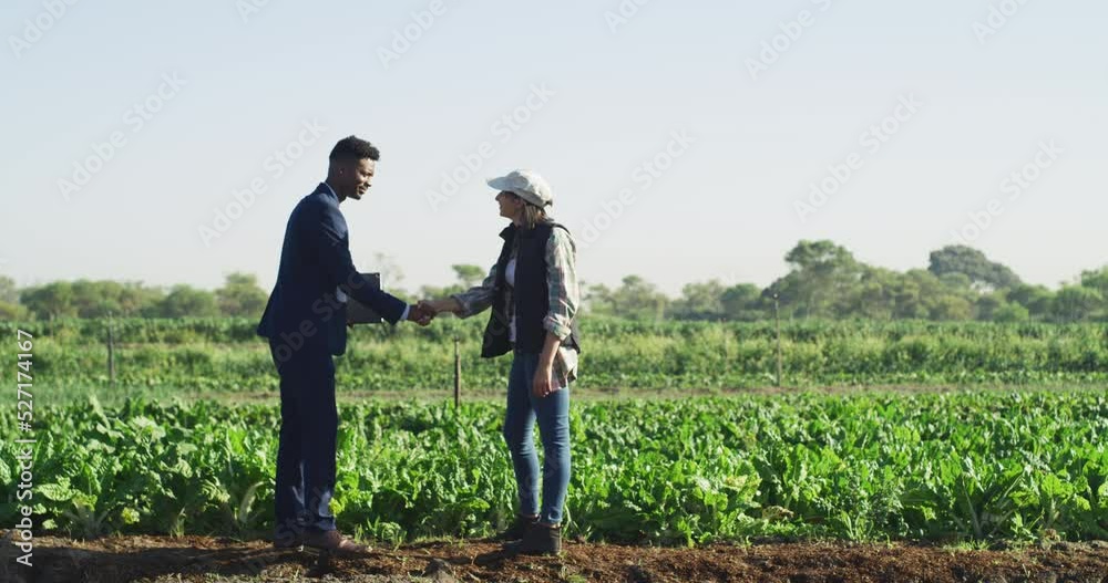 Farm, agriculture and handshake with a woman farmer and business man ...
