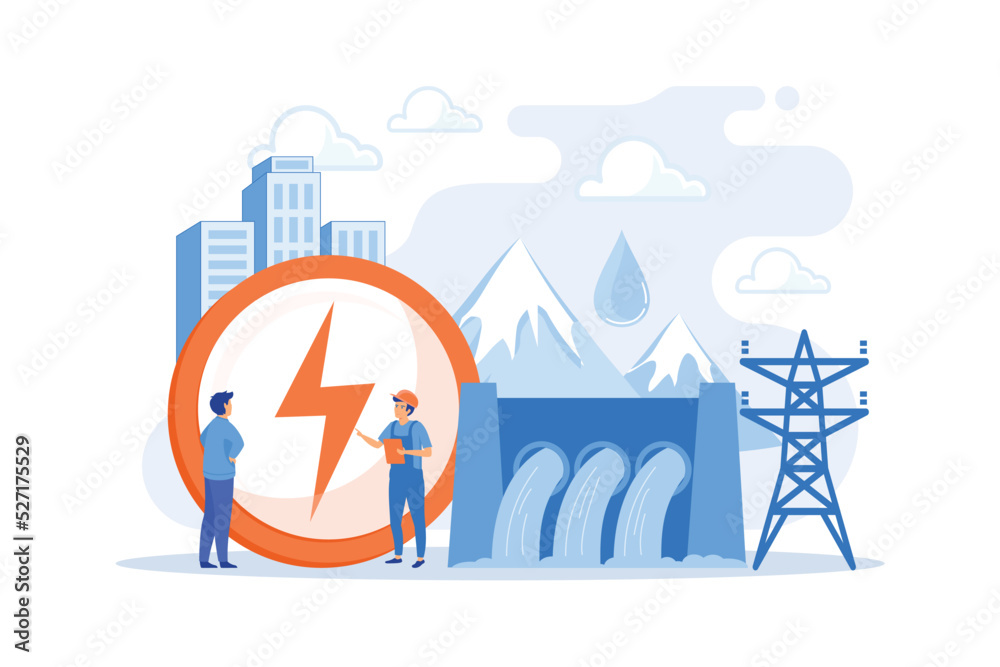 Engineers working at hydropower dam producing falling water energy ...