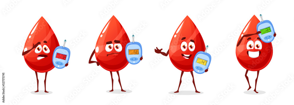 Diabetes characters, cartoon blood drops with glucometer for meter ...
