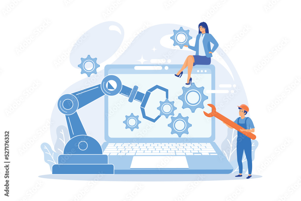 Humans and cobot robotic arm collaborate at laptop fixing gears ...