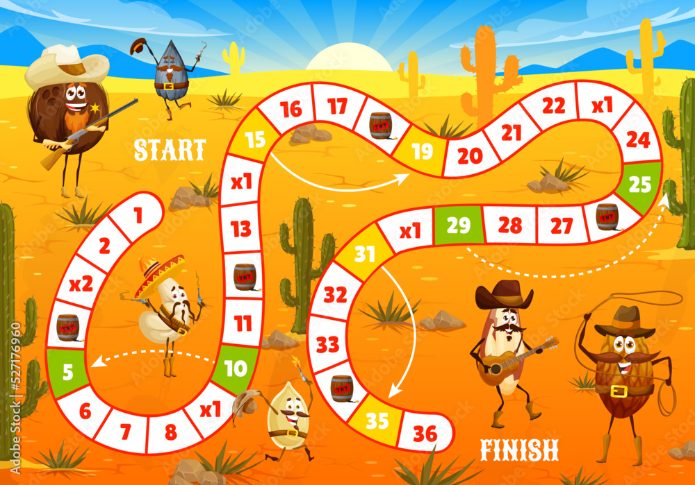Step board game worksheet. Cartoon wild west cowboy, bandit and ranger ...