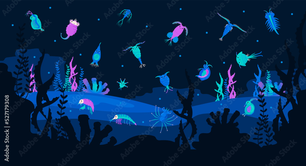 Underwater world with plankton and tiny microorganisms, flat vector ...