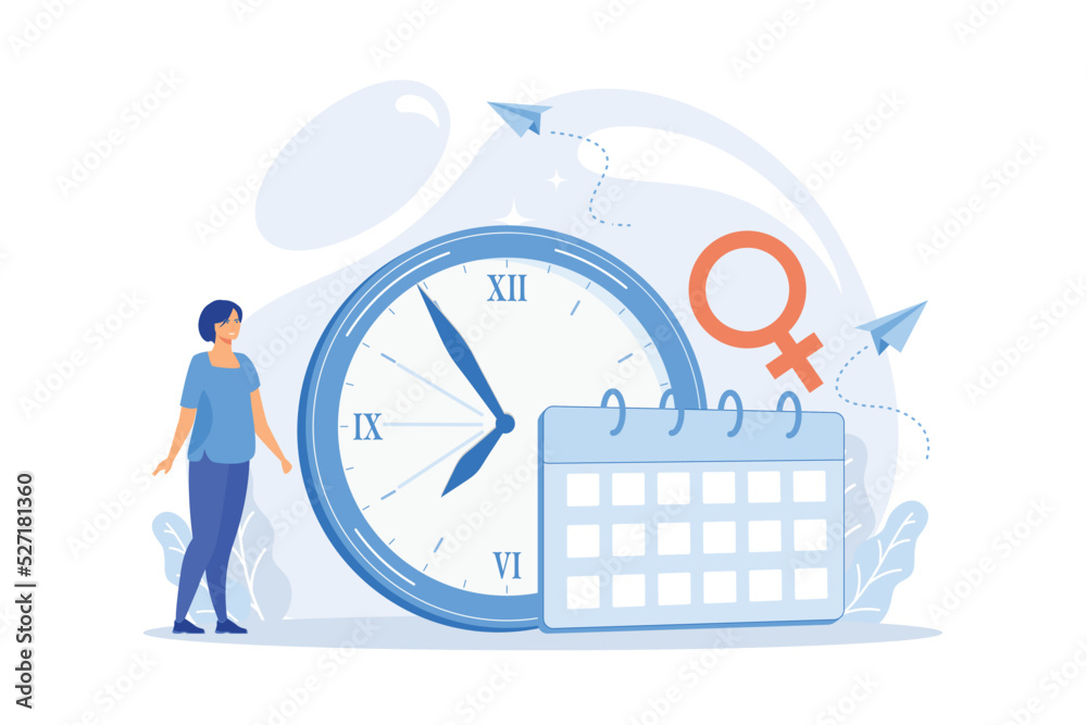 Menopause Woman Standing At Her Biological Clock Measuring Age And