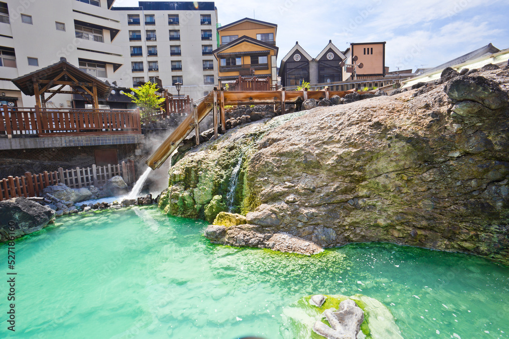 Yubatake onsen, hot spring wooden boxes with mineral water in Kusatsu ...