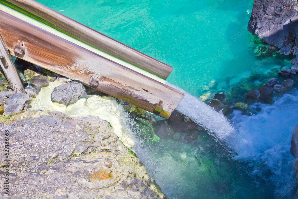 Yubatake onsen, hot spring wooden boxes with mineral water in Kusatsu ...