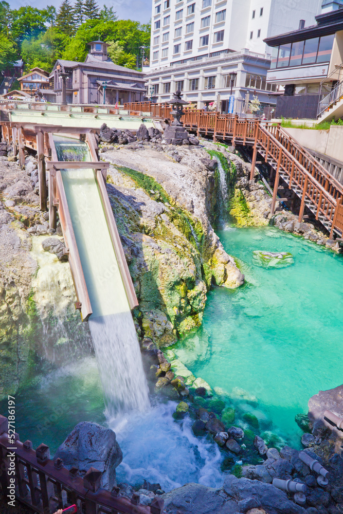 Yubatake onsen, hot spring wooden boxes with mineral water in Kusatsu ...