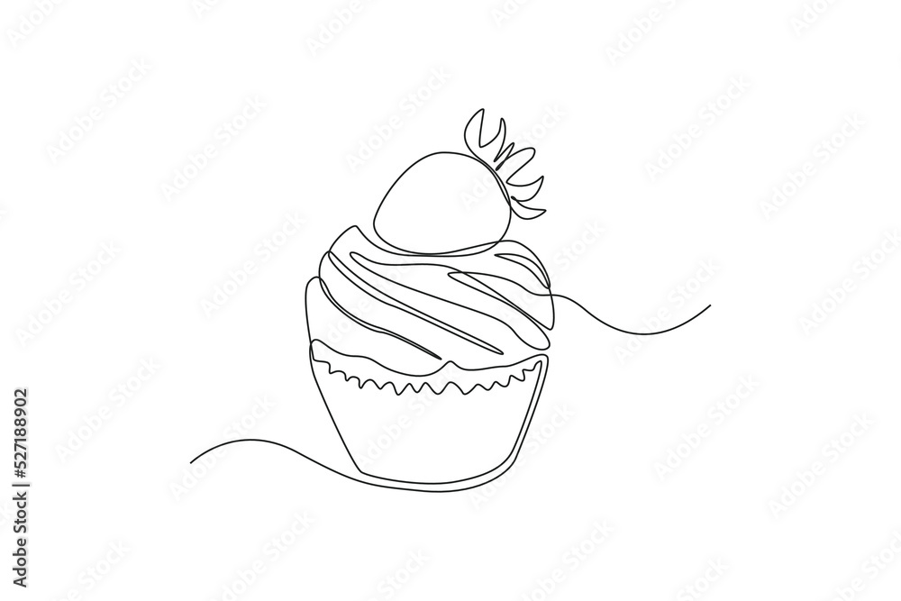 Continuous one line drawing Cupcake with strawberry on top. Dessert ...