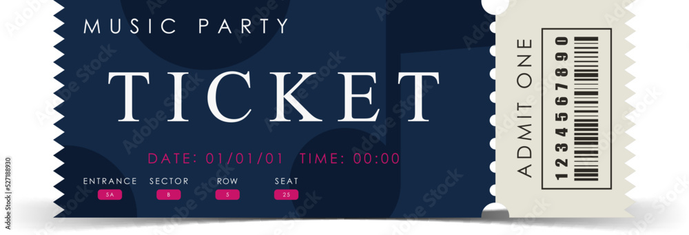 Sample ticket for entry to a musical concert. Modern ticket card ...
