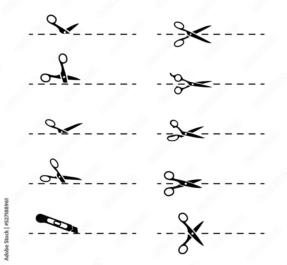 Cut lines, scissor, utility knife cutting lines, vector black dash ...