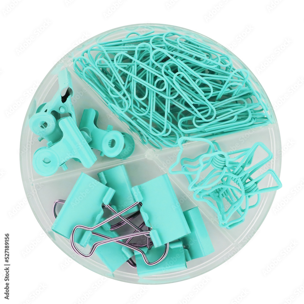 Cutout of an isolated set of assorted blue metal paperclips with the ...