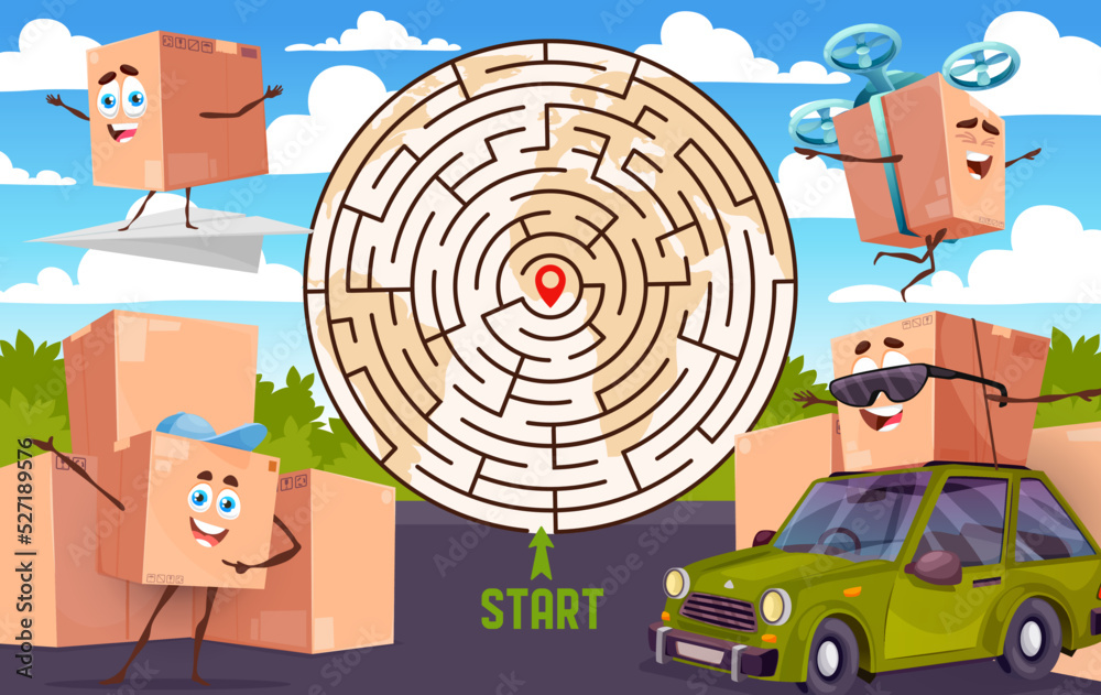 Labyrinth maze. Cartoon package box characters with world map ...