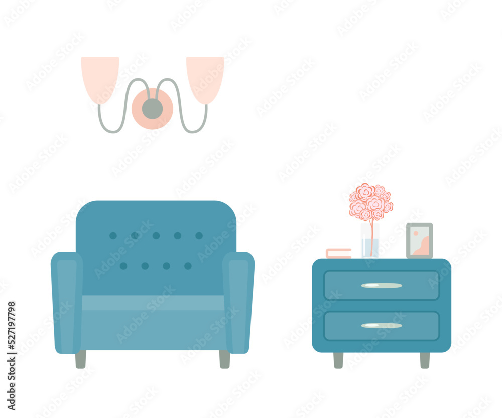 Cozy soft blue armchair and nightstand. On white background. Home ...