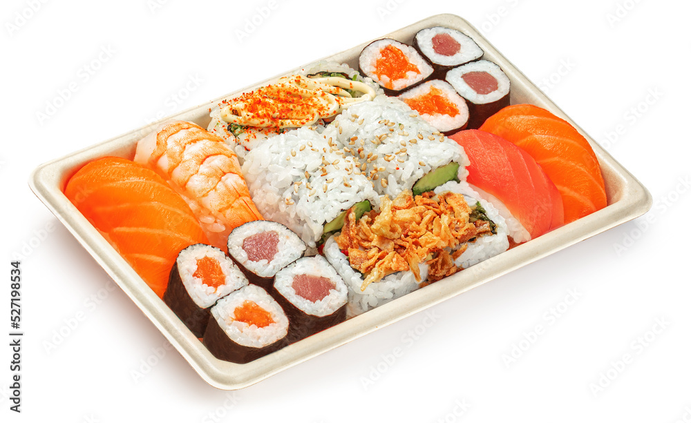 Sushi set in a box isolated on white background. Sushi with rice ...