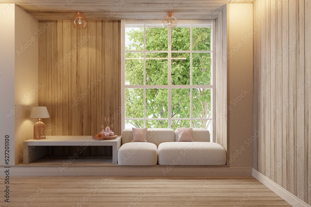 Poster Farmhouse space wall wood lath,living room interior with sofa ...