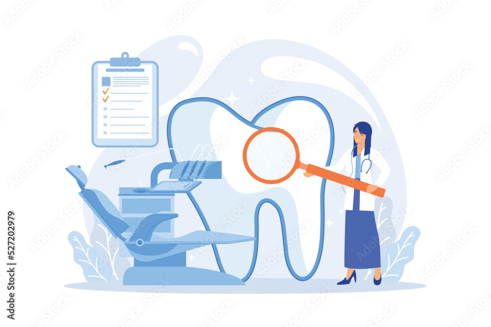Dentist with magnifier on ladder examining huge patient tooth and ...