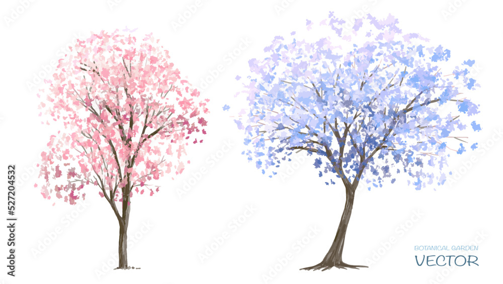 Vector watercolor blooming flower tree side view isolated on white ...