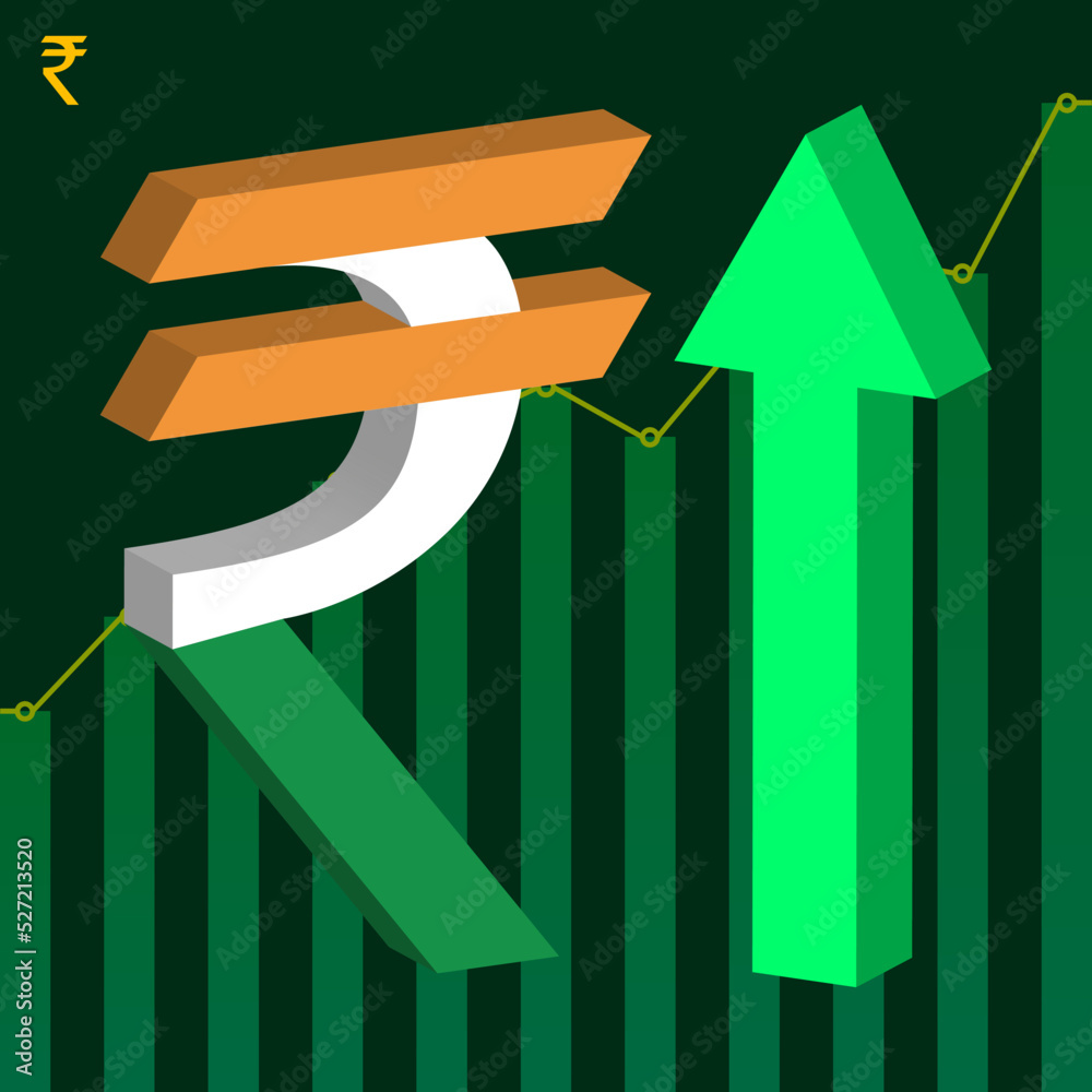 3d symbol of rising indian rupee currency value with up arrow and green ...