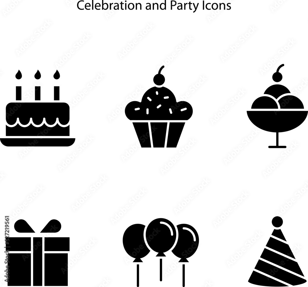 Birthday and celebration outlined icon set isolated on white background ...