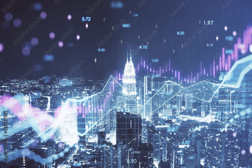 Abstract night city backdrop with glowing candlestick forex chart with ...