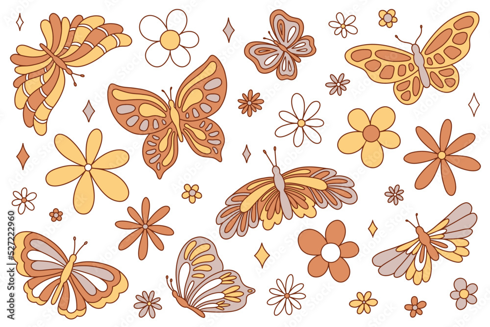 Boho retro groovy butterflies and flowers vector set. Clip art for boho ...