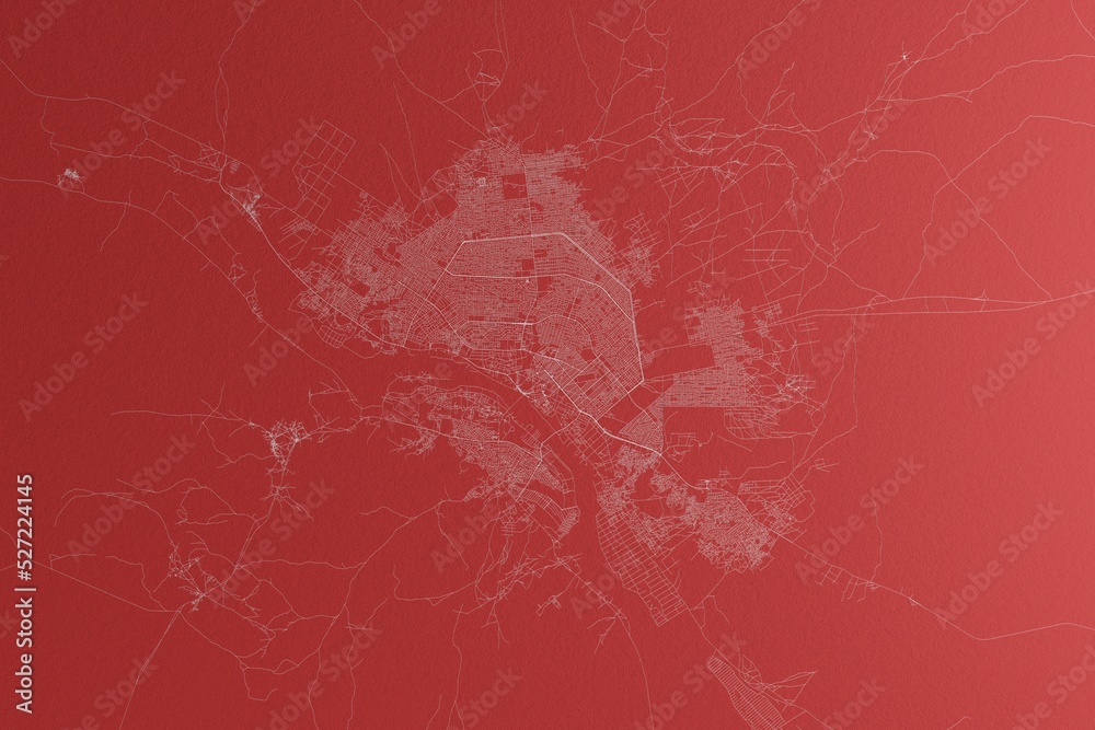 Map of the streets of Niamey (Niger) made with white lines on red paper ...