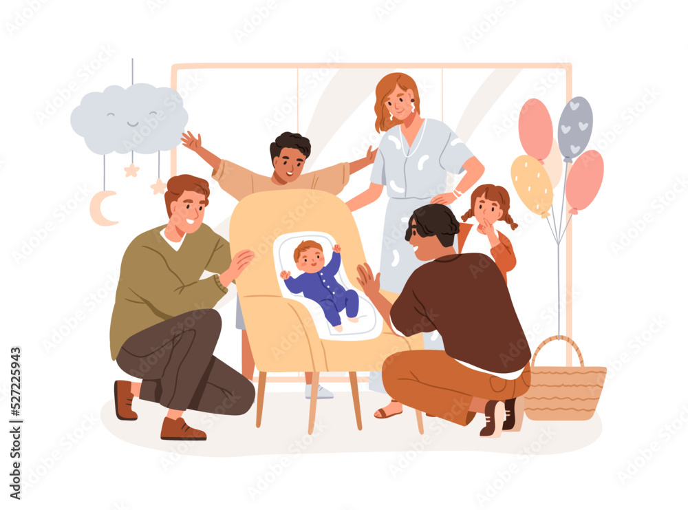 Vettoriale Stock Family celebrates infant birth, arrival at baby shower ...