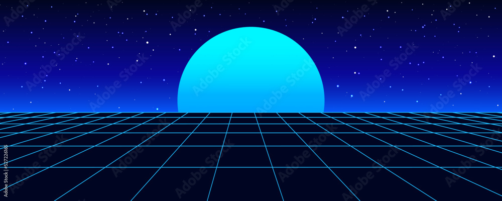 Digital retro perspective grid 1980s style. Futuristic cyber surface ...