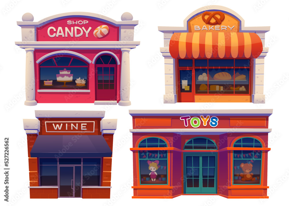 Wild west front view cartoon buildings set. Candy, bakery, wine, toys ...