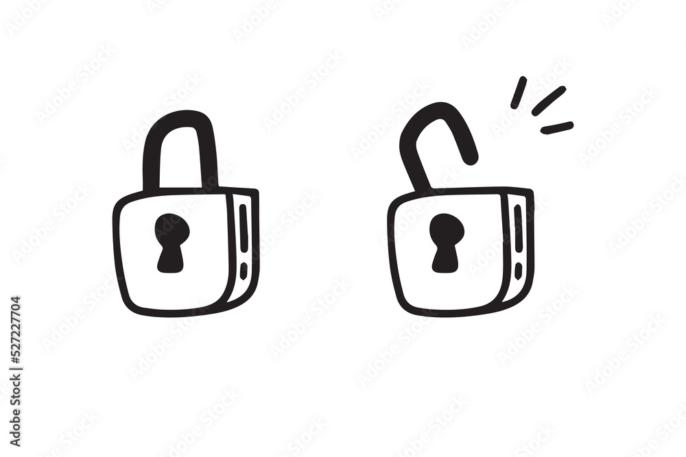 Open closed doodle lock. Hand drawn sketch style. the concept of lock ...