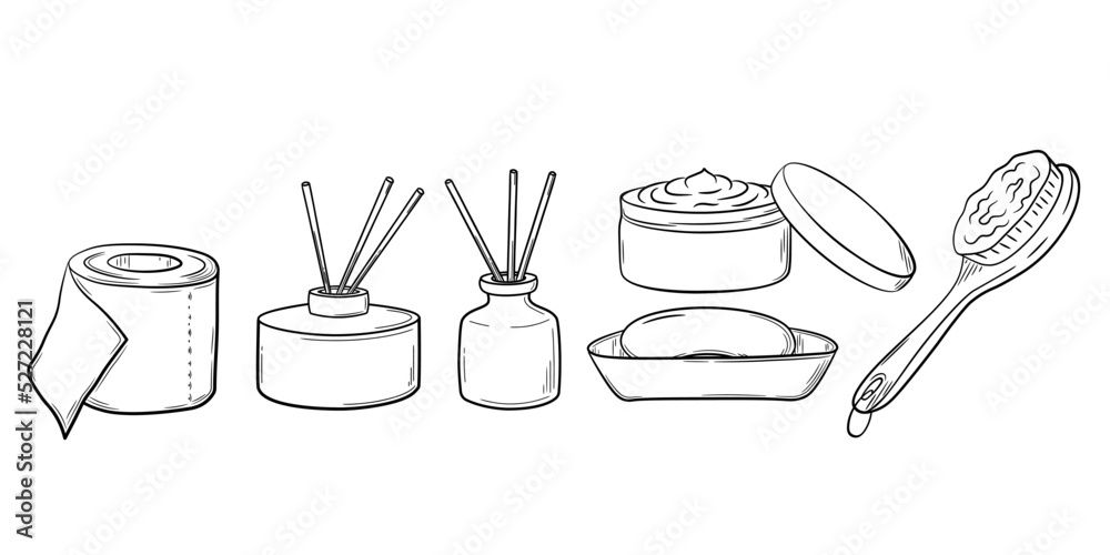 Set of family hygiene items hand drawn in line art style. Simple ...