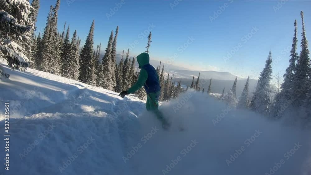 CLOSE UP: Young female snowboarder riding fresh powder snow in ...