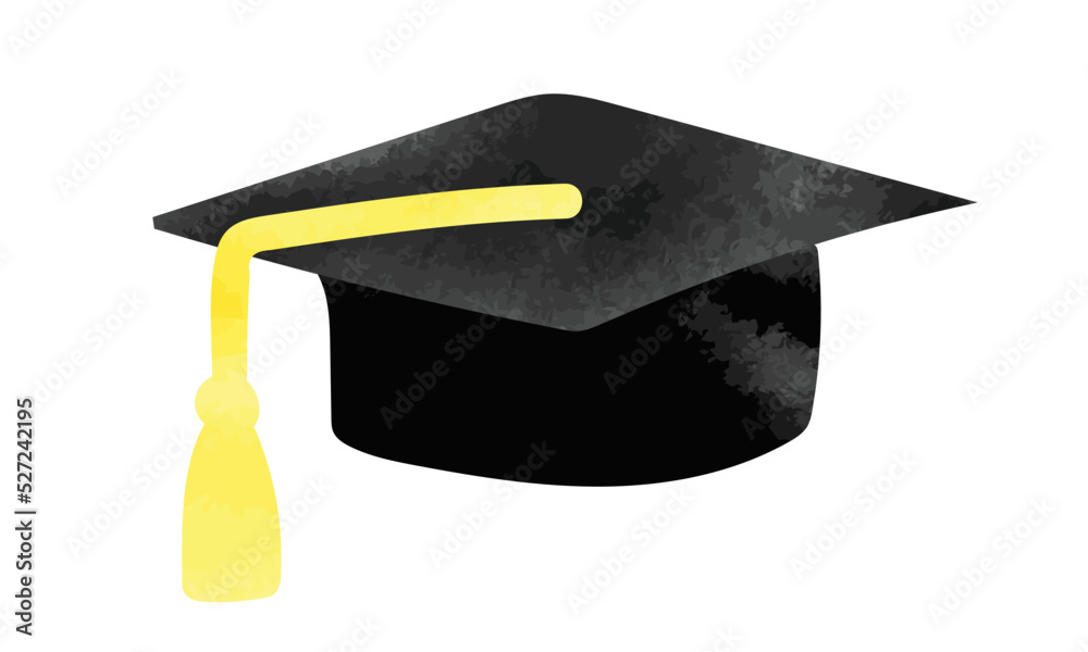 Black graduation cap hand watercolor drawing vector isolated on white ...