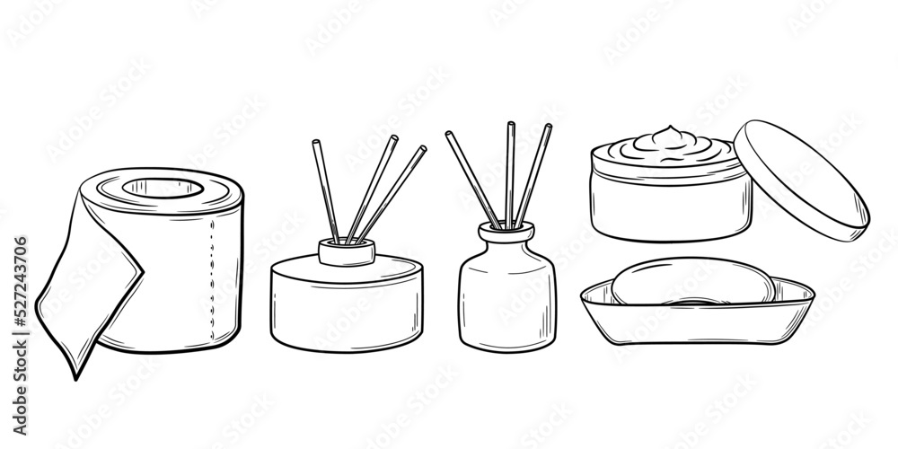 Set of family hygiene items hand drawn in line art style. Simple ...