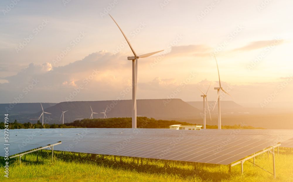 Sustainable energy. Solar and wind turbines farm. Sustainable resources ...